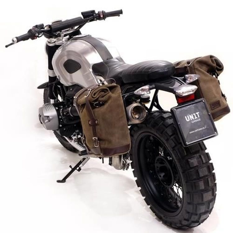 Unit Garage 2 Waxed Suede Side Pannier Bags & Double Subframe for BMW R ...