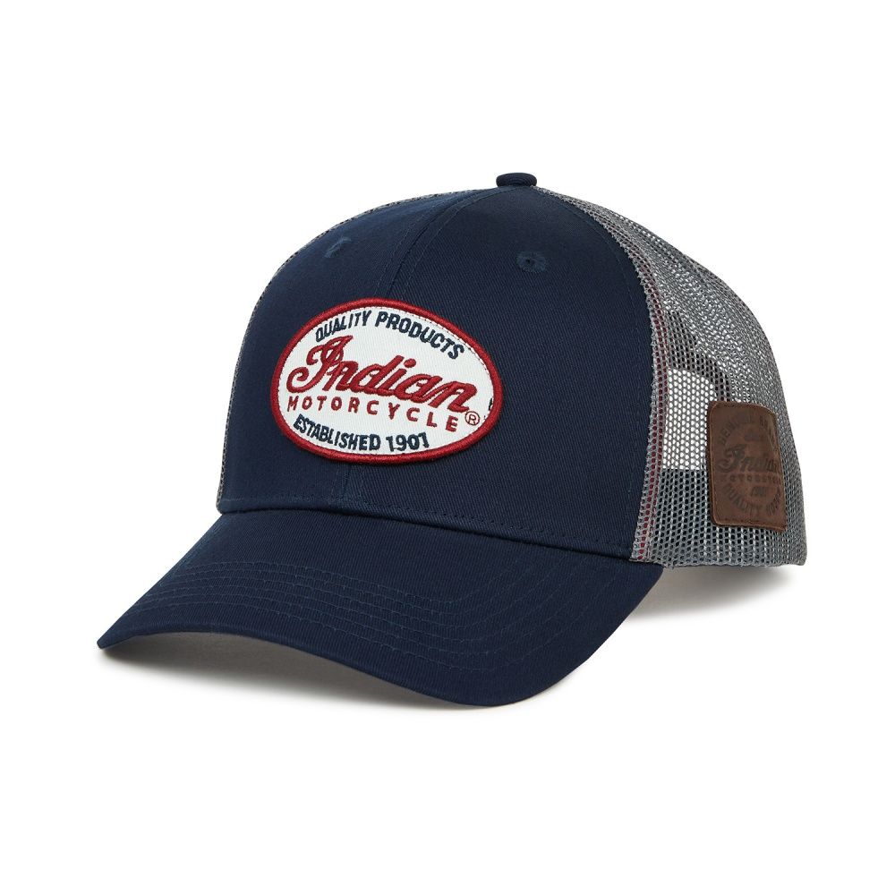 Indian Motorcycle Script Patch Trucker Hat (blue) - Moore Speed Racing